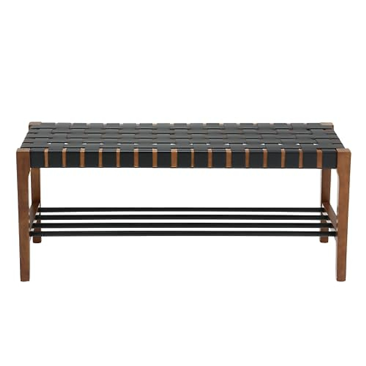 Janoray Solid Wood Bench, Modern 45" Long Dining Bench with Faux Leather Woven Strips & Metal Shelf Comfy Seat for Entryway/Dning Room/Bedroom, Black