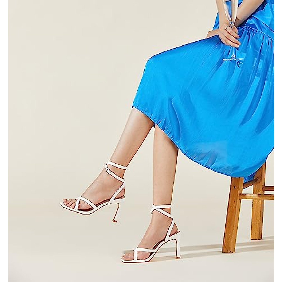 Arromic White High Stilettos Heeled Sandals for Women Strappy Square Toe Heel Open Toe Heels Dressy Wedding Shoes Pumps Sandals