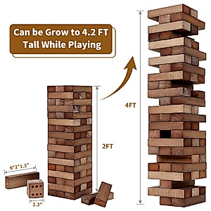 ApudArmis Giant Tumble Tower (Stack from 2Ft to Over 4.2Ft), 54 PCS Pine Wooden Stacking Timber Game with 1 Dice Set - Classic Block Giant Outdoor Game for Teens Adults Family(Brown)
