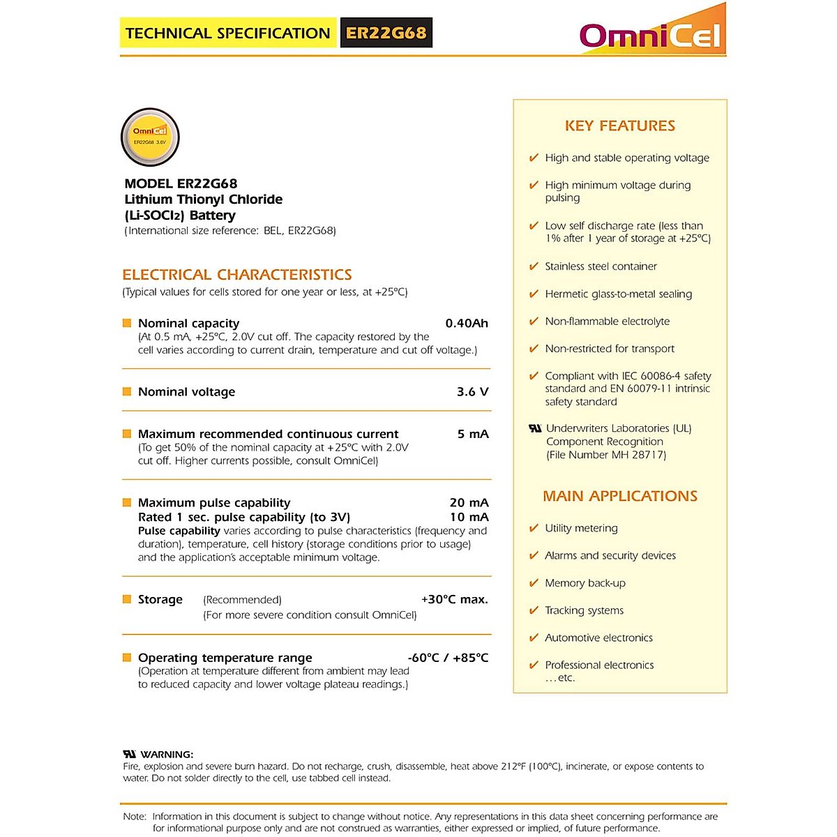 OmniCel ER22G68 3.6V 0.4Ah Bel Cell Waffer Lithium High Energy Battery Replaces Tadiran TL-4986 TL-5186 For Use With OBU Tollgate Reading Device, Security Alarm, Computer Remote Sensors,Tracking Buoys