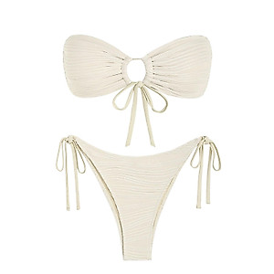 ZAFUL Women's Bandeau Bikini Set Tie Side Swimwear O Ring Cinched Strapless Swimsuit Halter Two Piece Bathing Suit