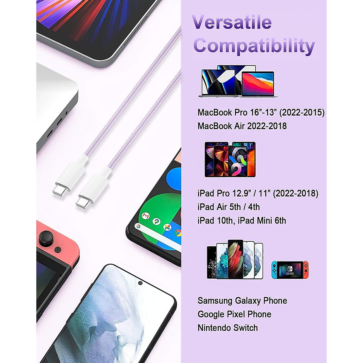 USB C to USB C Cable - 100W Type C to C Fast Charging Cable for iPhone 15 Pro Max/Plus Samsung S23 iPad Pro iPad Air/Mini MacBook Pro/Air Google Pixel Chromebook (PD 6.6Ft Nylon Cord, Purple)