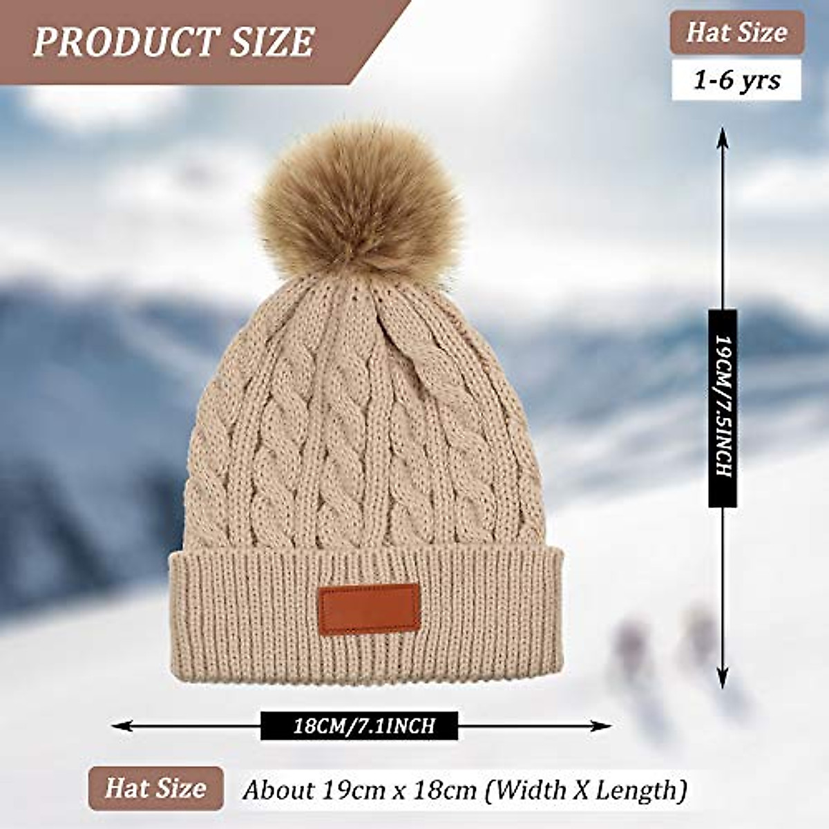 3 Pieces Kids Knitted Woolen Hat Winter Warm Pom Pom Beanie Cap Knit Hat with Detachable Pom for 1-3 Years Old Girls Boys (Black, Dark Pink, Khaki, Single Hairball)