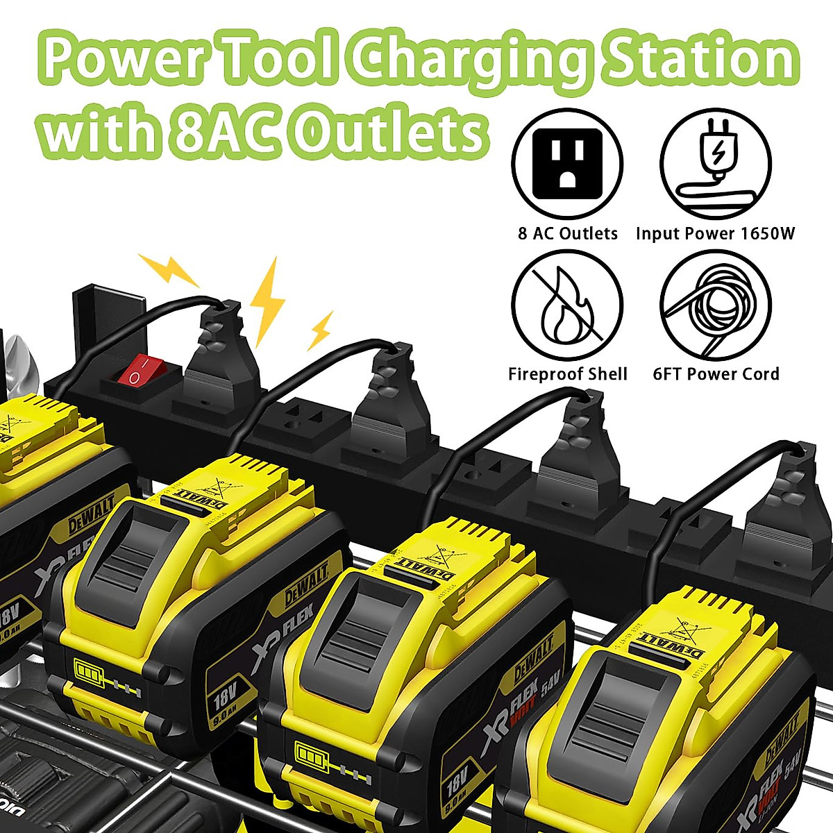 Spaclear Power Tool Organizer with Charging Station,3 Layer Holders Heavy Duty Metal Power Tool Storage Rack with 8 Drill Holders, Garage Tool Organizer and Storage with 8 Outlet Power Strip