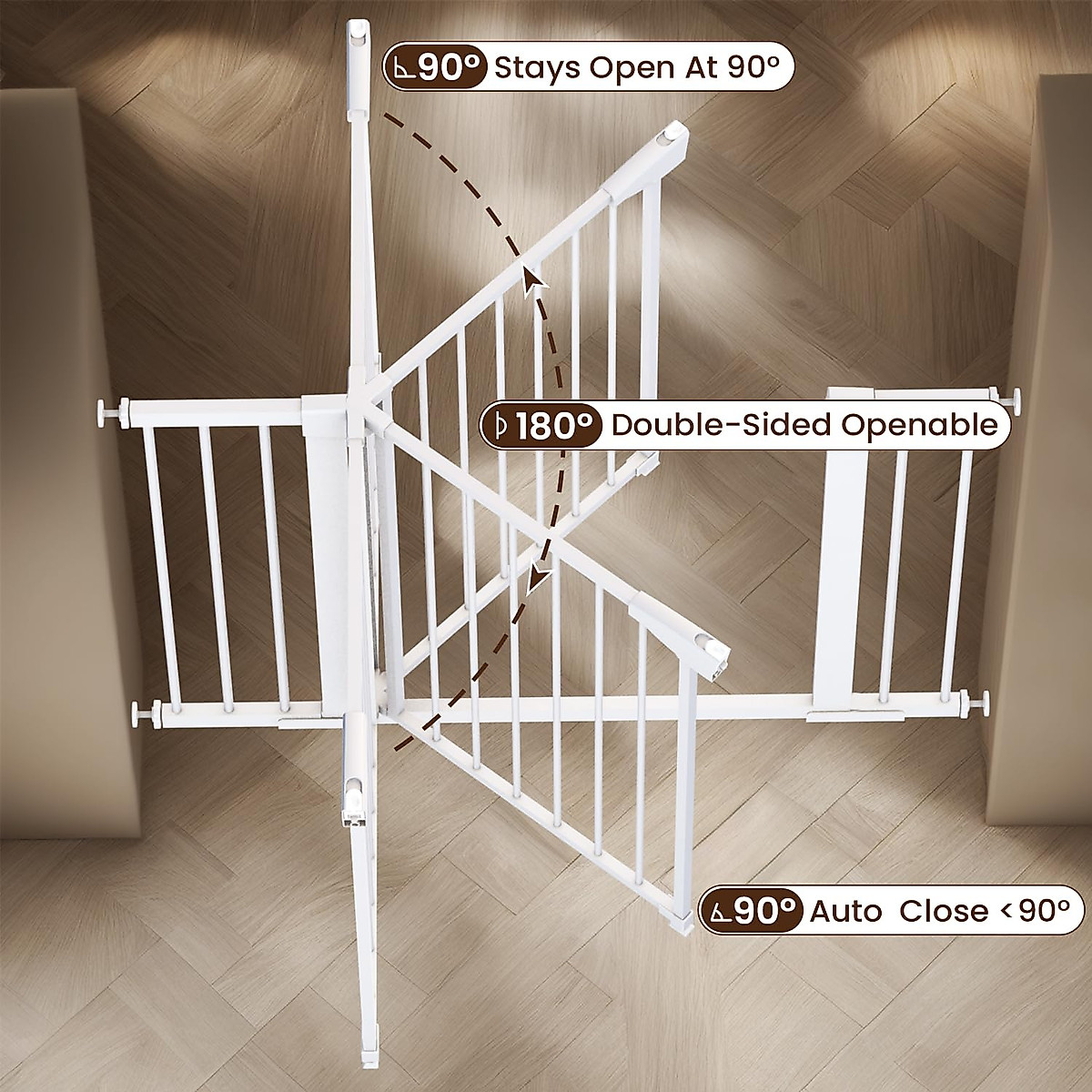 Mumeasy Baby Gate for Stairs, 29.6"-46" Pressure Mounted Pet Gate with Walk Through Door, Auto Close Dog Gate for House, Stairs, Doorways
