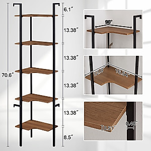 Freexployer Corner Shelf Stand, 5 Tier Industrial Corner Bookshelf, Tall Corner Plant Shelf with Metal Frame, Multipurpose Display Corner Shelves for Small Space, Office, Bedroom, Brown