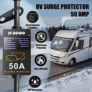 JF.EGWO 50A RV Surge Protector with Waterproof Cover, RV Circuit Analyzer with 6500J Surge Protection - 50 Amp RV Power Surge Protector with 3.55 Inch Smart LED Screen