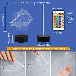 FULLOSUN Dolphin Gifts, 3D Illusion Lamp, Dolphin Night Light for Bedroom Decoration Fashion Style Gifts for Birthday Xmas with Remote Control 16 Color Change + Dim Function + 4 Flash Mode