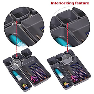 Set of 24 Interlocking Desk Drawer Organizer Tray Dividers Plastic Shallow Narrow Drawers Organizers Separators Storage Bins Container for Kitchen Bathroom Makeup Office Vanity Bedroom Dresser