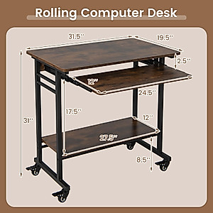 Giantex Rolling Computer Desk, Mobile Desk with Keyboard Tray, Portable Laptop PC Desk Cart with Shelf & Hooks, Small Desk with Wheels for Small Spaces, Bedroom, Apartment, Home Office Desk