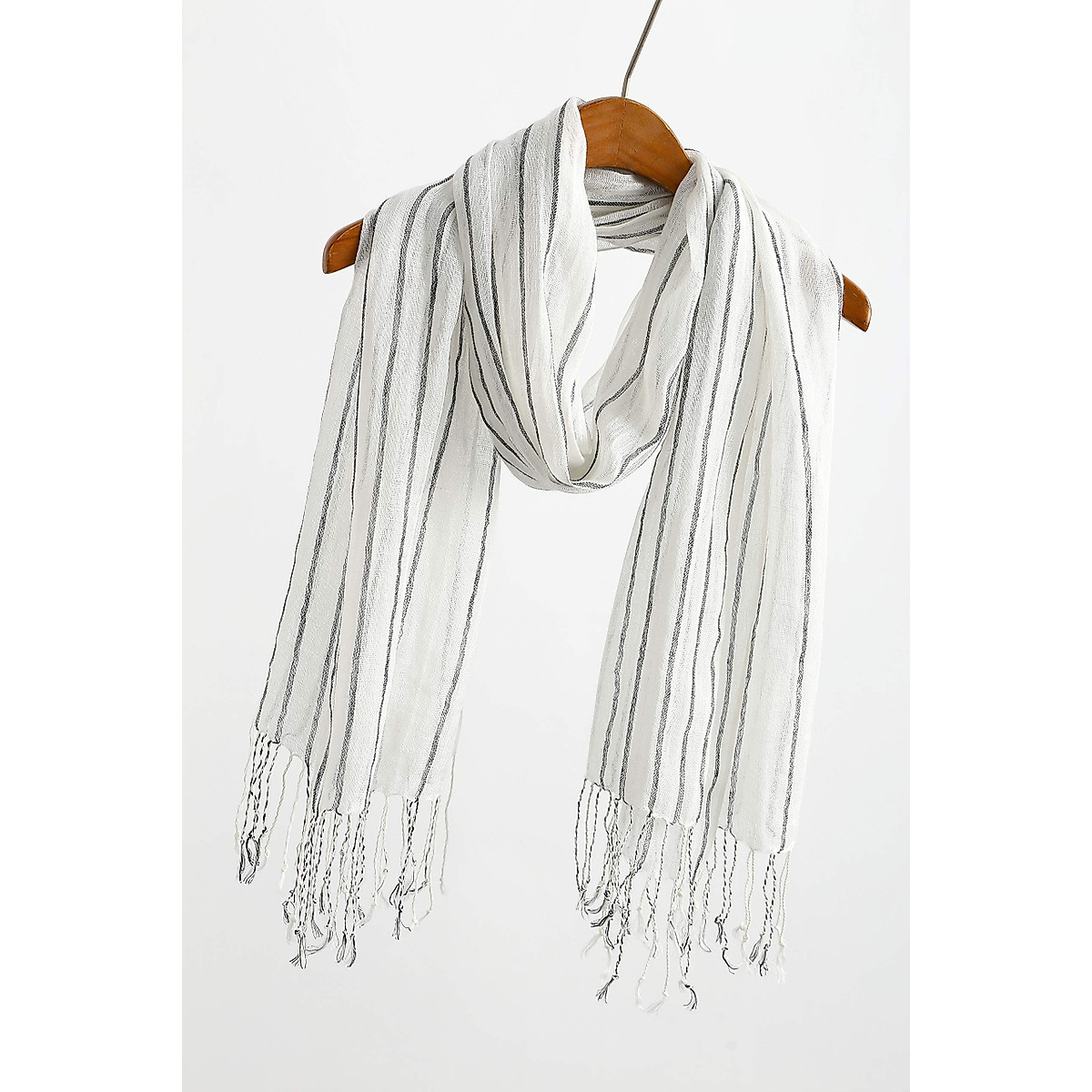 Jeelow 100% Linen Lightweight Striped Light Scarf Shawl Wrap For Men & Women (White Linen Black Stripes)