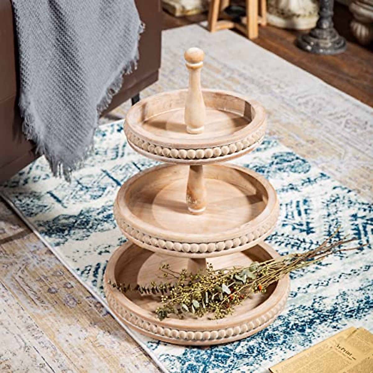 Handcrafted-Beaded Tiered Tray Stand, 3 Tier Serving Tray Distressed Brown, Rustic Tiered Serving Tray, Wood Tiered Tray Decor Items for Coffee Bar, Kitchen Counter, Dining Room Table, Easter