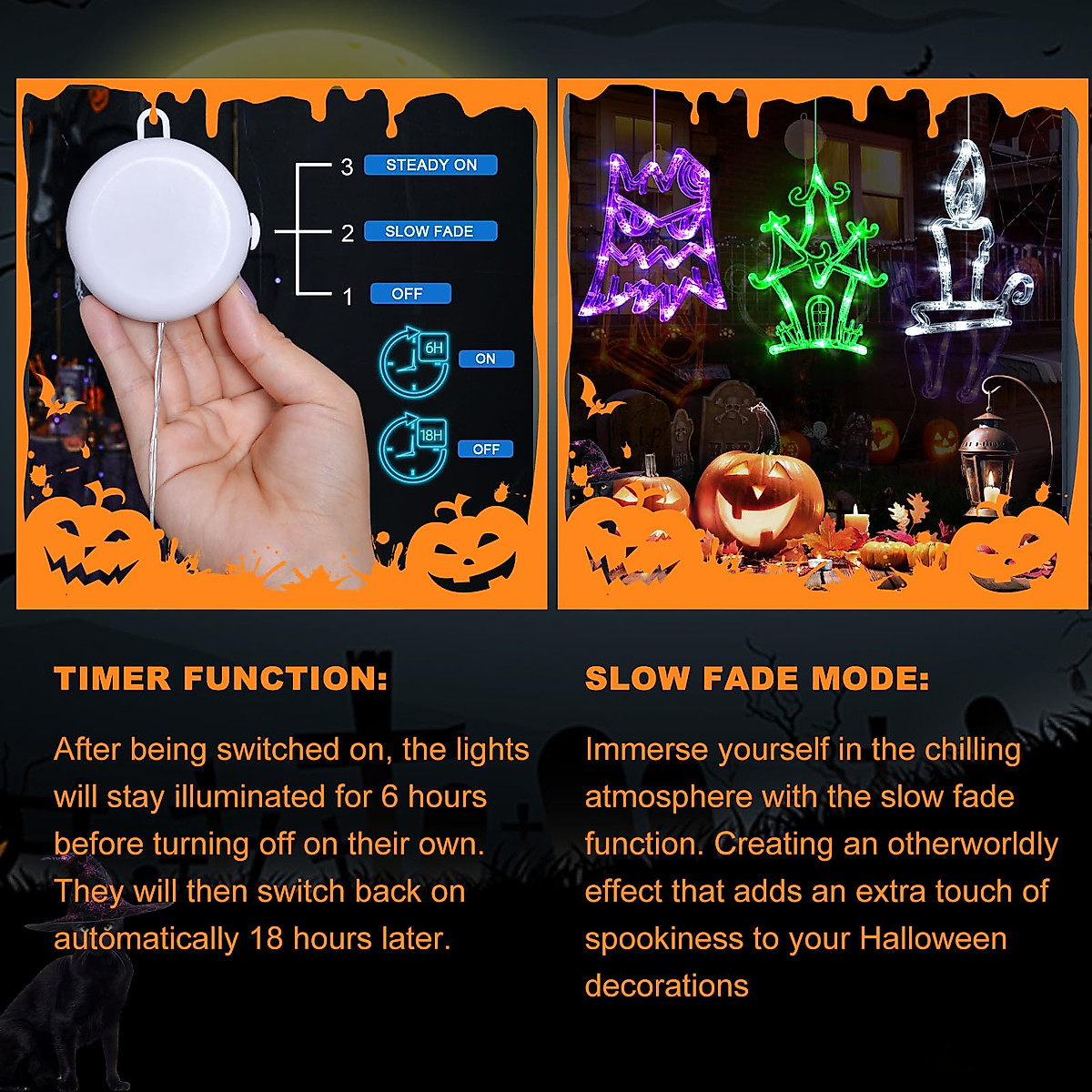 LOLStar Halloween Lights,3 Pack Ghost Tree, Haunted House, Candle Window Lights with Suction Cup, Upgrade Timer and Slowly Fade Functions Battery Operated Indoor Lights for Halloween Window Decoration