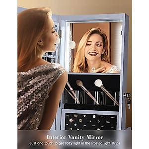 Nicetree 360° Swivel Jewelry Cabinet with Lights, Touch Screen Vanity Mirror, Rotatable Full Length Mirror with Jewelry Storage, Standing Jewelry Armoire Organizer, Foldable Makeup Shelf,Gray