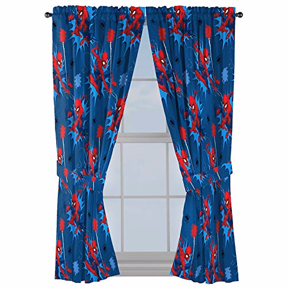 Jay Franco Kids Window Drapes - 4 Piece Curtain Set Includes 2 Tiebacks, Beautiful Bedding Room Décor and Easy Set Up, Blue - Spiderman, 63 Inch