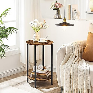 HOOBRO Round Side Table, Sofa Couch Table with Storage Shelf, 2-Tier Industrial End Table, Stable Metal Frame, Wooden Look Accent Table for Small Spaces, Living Room, Bedroom, Rustic Brown BF58BZ01G1
