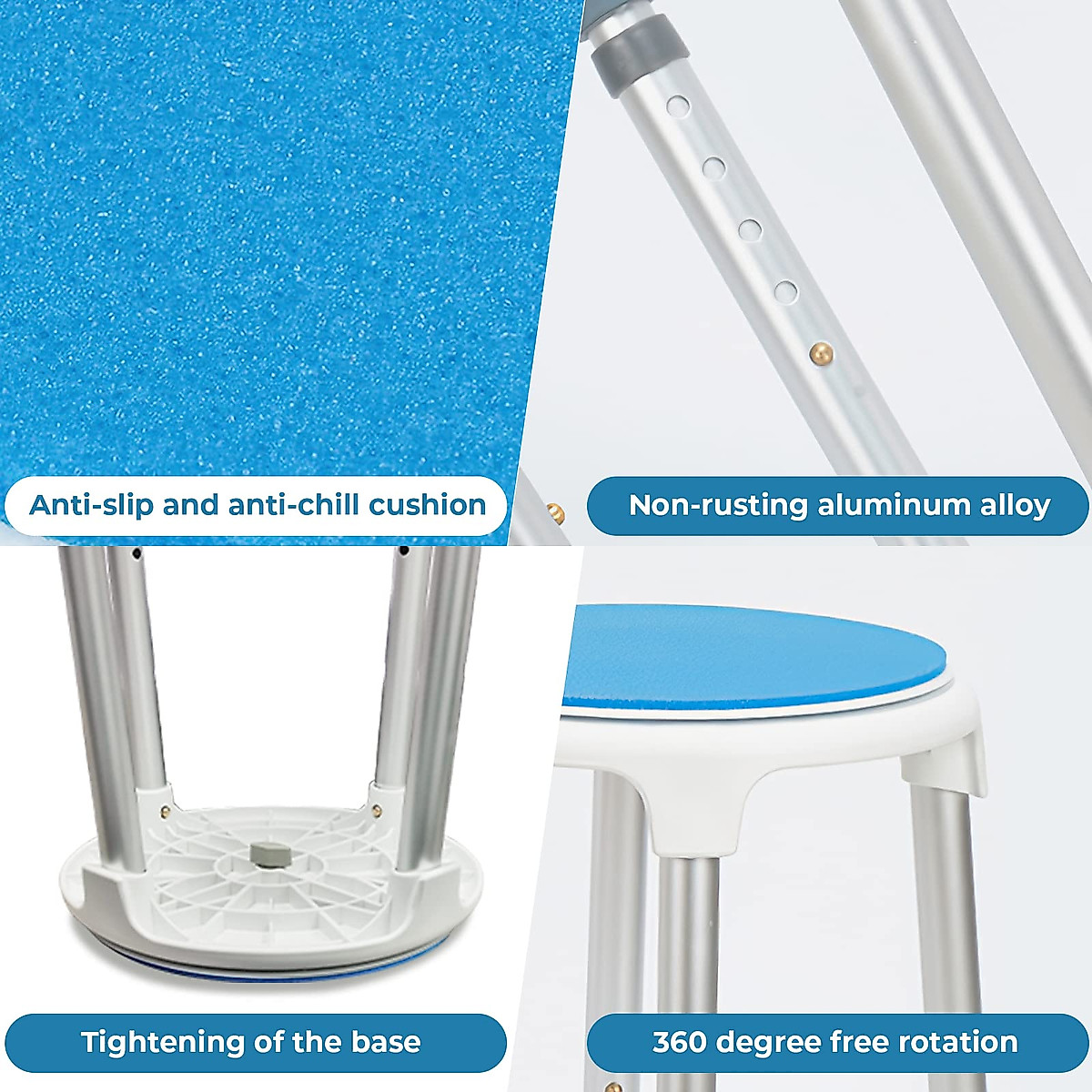 KSITEX Shower Stool for Inside Shower Swivel Shower Chairs for Seniors Adjustable Round Shower Seat Bath Seat Tool-Free Assembly 5 Adjustable Heights from 19''-21'' Load 350LB