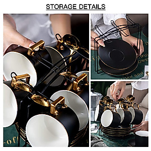 CHILDIKE Ceramic Demitasse Espresso Cups Set with Saucers and Metal Stand, 8 oz Porcelain Stackable Cappuccino Cups for Tea, Latte, Coffee, Cafe Mocha, Set of 6, Matte Black