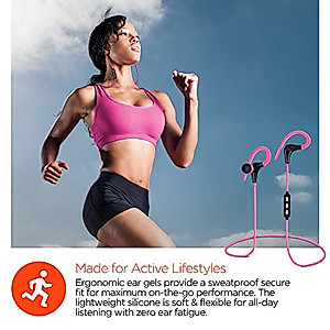 HyperGear Marathon Sport Wireless Bluetooth Earphones. Hands-free Music + Mic For Calls. Secure Fit & sweatproof For The Gym, Running & Walking (Pink)