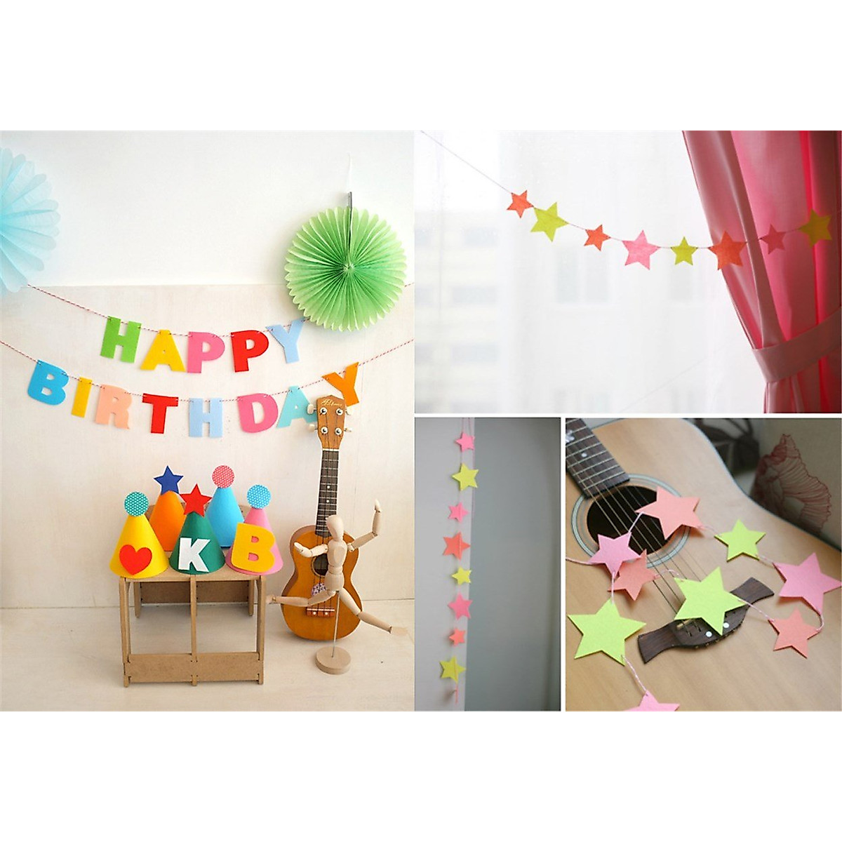Honbay 1 Felt String Happy Birthday Party Banner and 1 String Colorful Star Banner