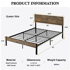 SHA CERLIN Queen Size Metal Platform Bed Frame with Wooden Headboard and Footboard/Mattress Foundation/No Box Spring Needed/Non-Slip Without Noise/Black&Brown