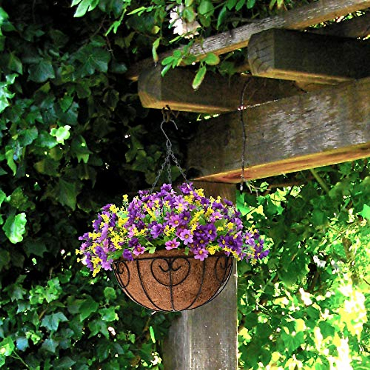 Homsunny Artificial Hanging Flowers in Basket Outdoor Indoor Patio Lawn Garden Decor, Hanging Daisy Basket with 12inch Coconut Lining Chain Flowerpot (Dark Purple)