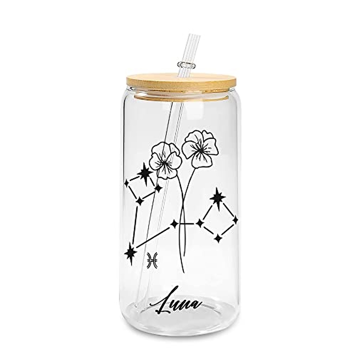 callie Personalized Name Zodiac and Birth Flower Can Tumbler Glass with Bamboo Lids 20oz for Gifts,Glass Can Cups for Iced Coffee, Soda, Bubble, Juicing, Smoothies, Milk.