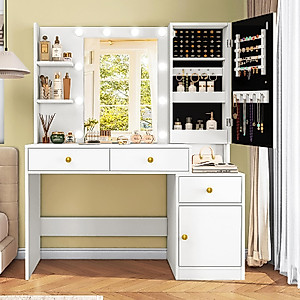 FIONESO Makeup Vanity Desk with Mirror and Lights, Vanity Desk with Jewelry Cabinet, Makeup Vanity Table with 2 Shelves & 2 Cabinets & 3 Drawers, Women, Girls, for Bedroom, White