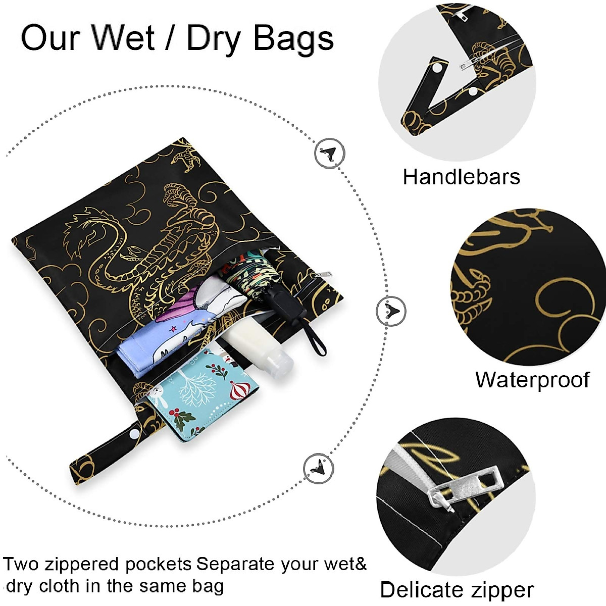 visesunny Gold Dragon 2Pcs Wet Bag with Zippered Pockets Washable Reusable Roomy for Travel,Beach,Pool,Daycare,Stroller,Diapers,Dirty Gym Clothes, Wet Swimsuits, Toiletries