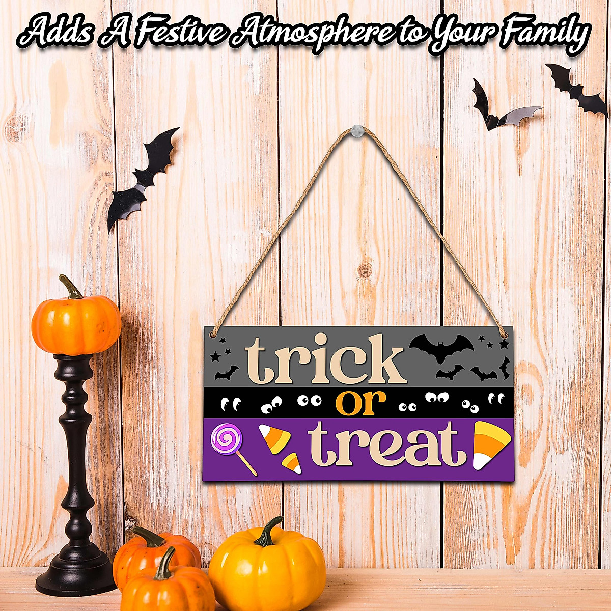 Trick or Treat Wooden Welcome Sign for Front Door, Halloween Porch Decor Wall Art Hanging Sign, Halloween Party Home Decorations Supplies-5"x10" -WSB01