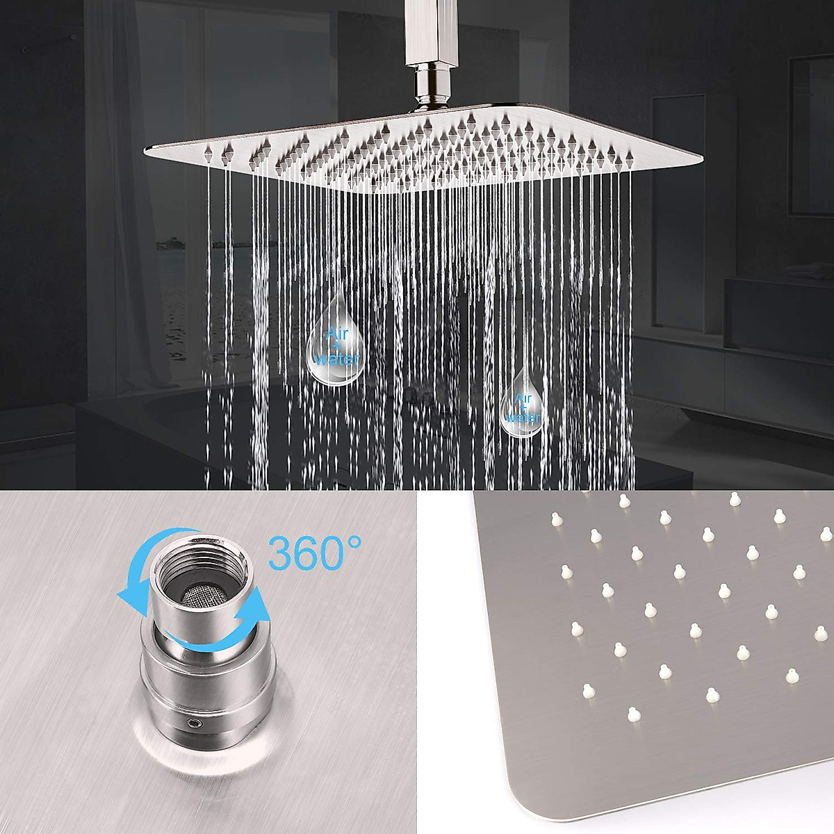 SunCleanse Rainfall Shower System Brushed Nickel Ceiling Mounted Shower System Combo Set with High Pressure 12 Inches Square Rain Shower Head Handheld and Shower Faucet Rough-in Mixer Valve and Trim