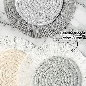 GROBRO7 4Pcs Cotton Trivets Pot Holders for Kitchen Heat Resistant Hot Mats with Tassel Hand Woven Potholder Rustic Boho Style Farmhouse Home Decor Washable Hot Pads for Baking and Cooking 7.7 in Gray