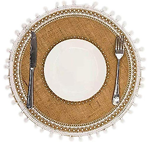 CAPASIN Round Placemats Set of 4, Dining Winter Modern Dinner Braided Beige Boho Round Table and Fall Circle Placemats Boho Runner Kitchen Table Plate Mats Set of 4 (White Ball)