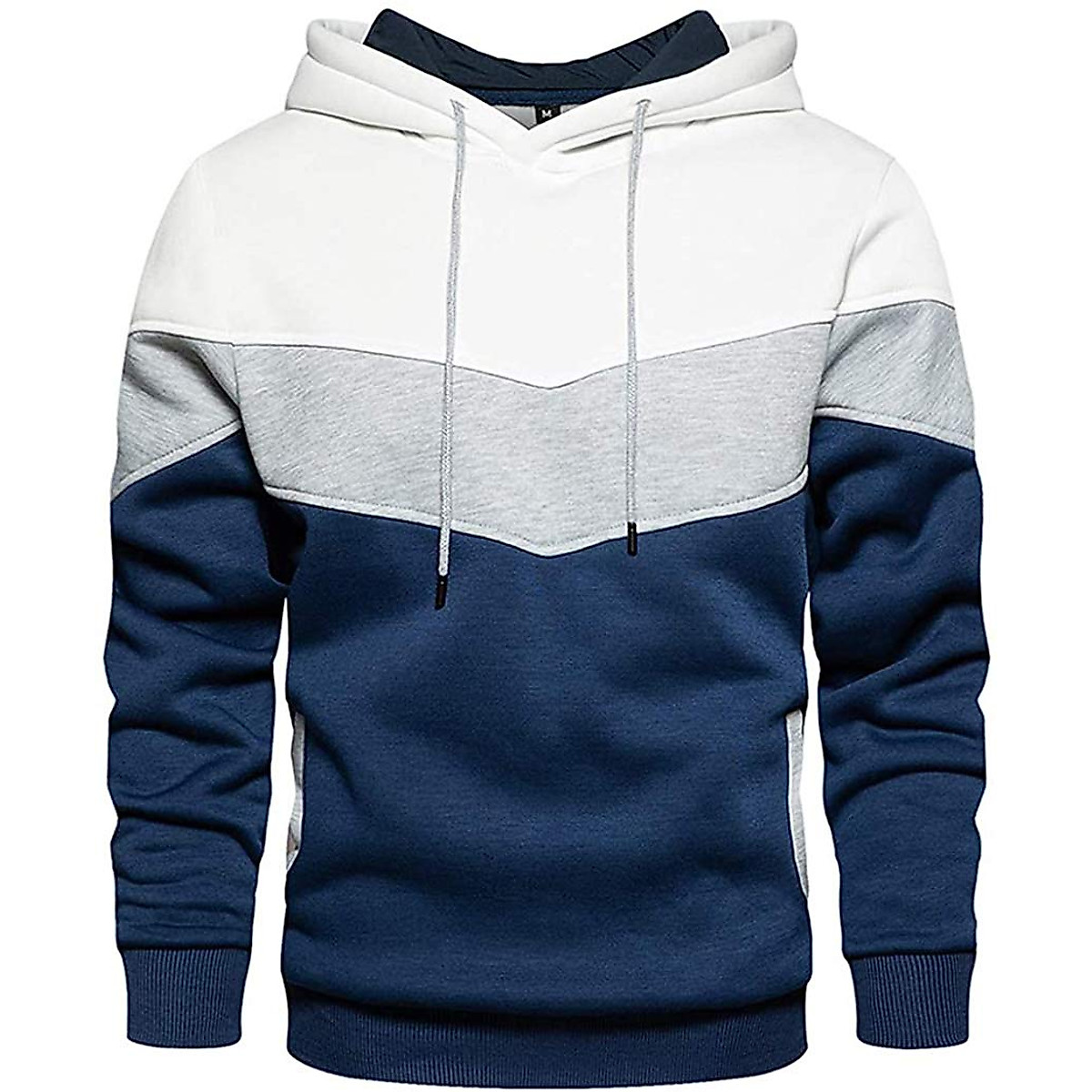 Wielsscca Mens Hoodies Pullover Color Block Fleece Sweatshirt Tops with Pocket White L