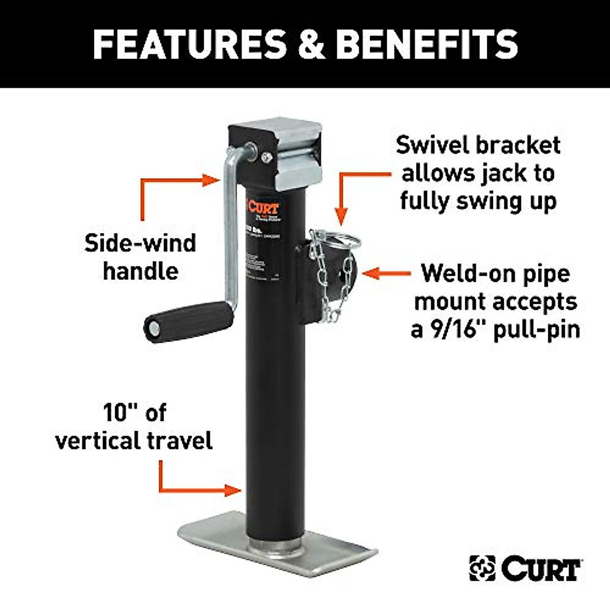 CURT 28321 Weld-On Pipe-Mount Swivel Trailer Jack, 2,000 lbs. 10 Inches Vertical Travel, black