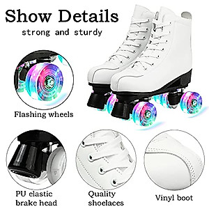PHSDA Women's Roller Skates PU Leather High-top Roller Skates Four-Wheel Roller Skates Shiny Roller Skates for Unisex Kids and Adults (White Flash,270/us 8)
