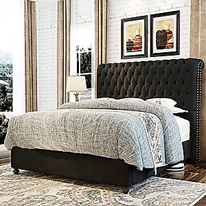 Jocisland Platform Bed Frame Upholstered Bed Sleigh Headboard Velvet Tufted Diamond Button/No Box Spring Needed/Easy Assembly (Black, King)