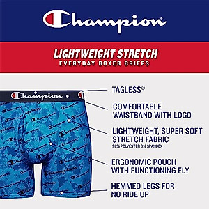 Champion Men's Underwear Boxer Briefs, Everyday Active, Lightweight Stretch, Multi-Pack, Blue Print With Champion Logo/Navy/Silverstone - 3 Pack, Large