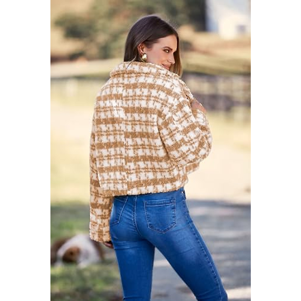 PRETTYGARDEN Women's Fall Plaid Shacket Jacket Faux Fur Lapel Open Front Cropped Winter Coats Outerwear (Light Khaki,Small)