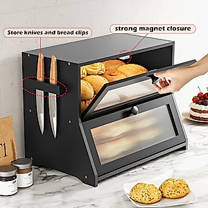 RYLTKISS Bread Box, Large Bread Box with Knife Holder, Large Bread Storage Container for Homemade Bread, Wood Breadbox Organizer for Kitchen Counter Corner, Cabinet, Pantry, Cupboard (Black)