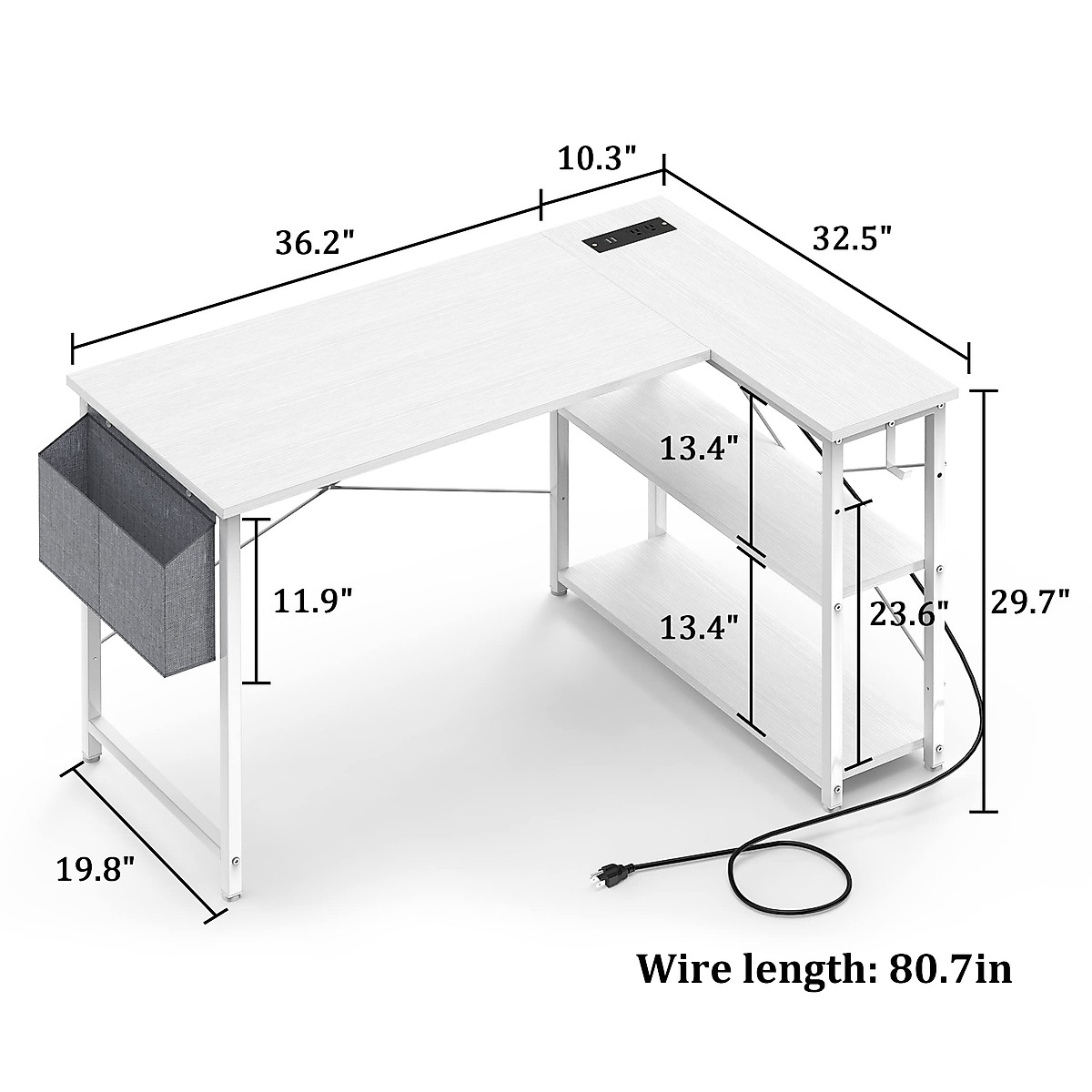 Mr IRONSTONE L Shaped Desk with Outlets & USB Ports, Reversible 47 Inch Office Desk, Corner Desk for Small Space, Home Office Desk with Storage Bag & Hook, White