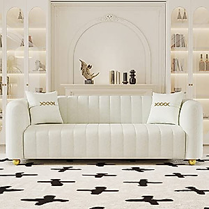 Kadway Lambswool Sofa for Living Room, 84" Mid-Century Modern Beige Couch, Luxury Loveseat Sofa Couch, Sectional Love seat Sofa Couch with Gold Legs, Upholstered Sofa for Apartment Bedroom Home Office