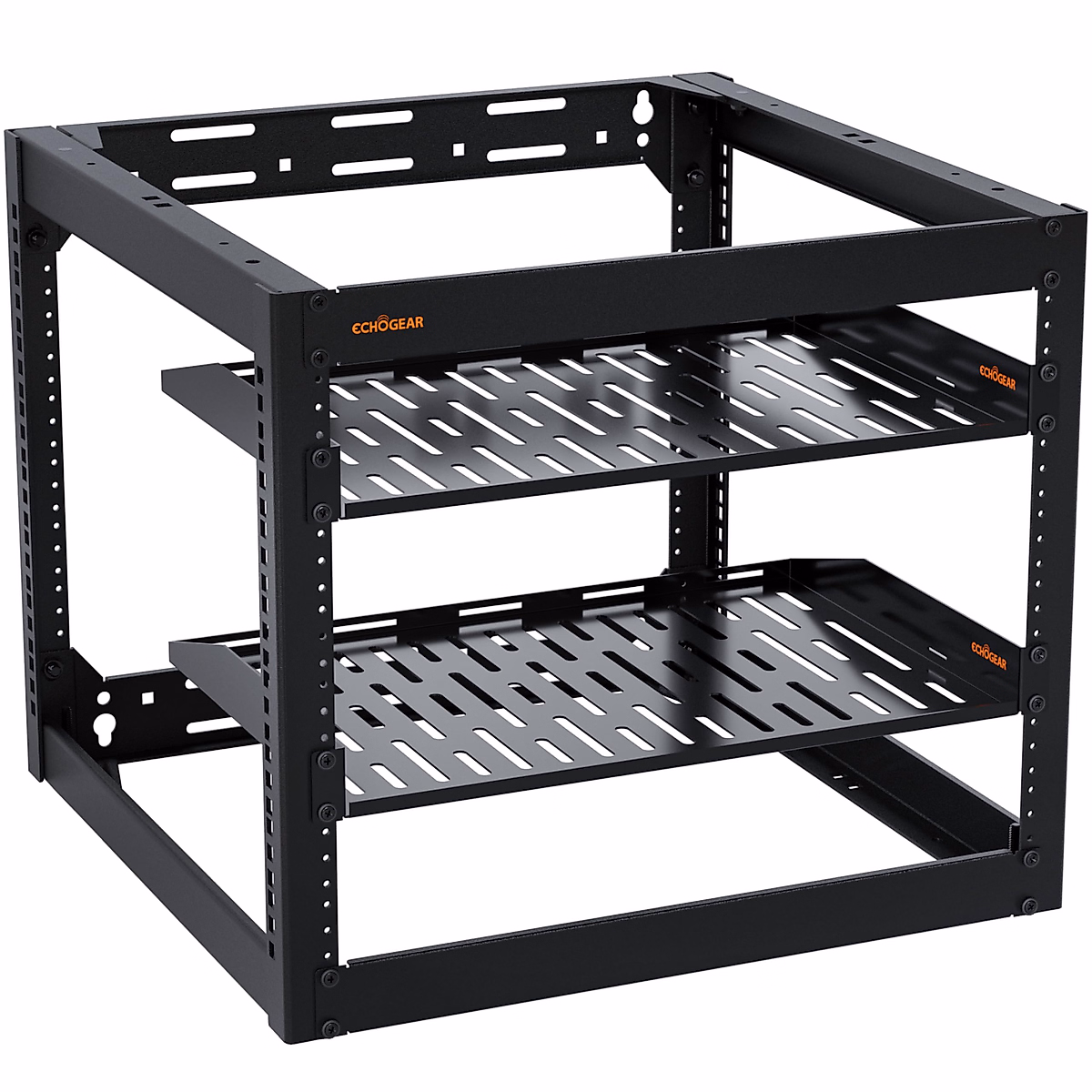 ECHOGEAR 10U Network Rack - Wall Mountable Heavy Duty 4 Post Design Holds All Your Networking & AV Gear - Open Frame Design Includes 2 1U Vented Shelves & Mounting Hardware