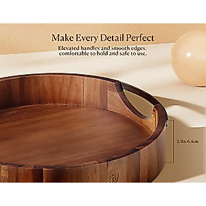 Dofira Acacia Wood Serving Tray with Metal Handles, 14" Round Food Drinks Tray for Coffee Table, Breakfast, Dinner & Bar, Rustic Decorative Storage Tray for Ottoman, Kitchen, Bedroom (Gift Packaging)