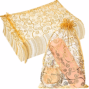 Kigeli 100 Pcs 8 x 12 Inches Large Drawstring Organza Bags Party Favor Bags Gold Sheer Mesh Bags Rattan Printed Pouches Goodie Bags Gift for Birthday Jewelry Wedding Christmas Party Favors Gift