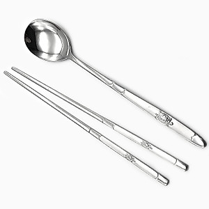 SUPIA Korean Traditional Cutlery Stainless Steel Spoons and Chopsticks Set Tableware with Long-hand, Reusable (Silver Turtle)