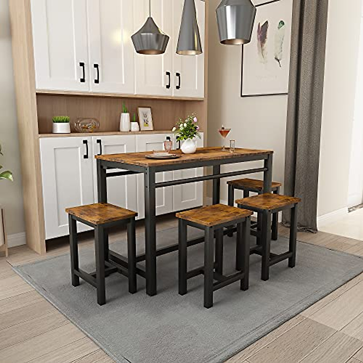 AWQM 5 Pcs Dining Table Set, Modern Bar Table Set with 4 Chairs, Home Kitchen Breakfast Table and Chairs Set Ideal for Pub, Living Room, Breakfast Nook, Easy to Assemble (Rustic Brown)