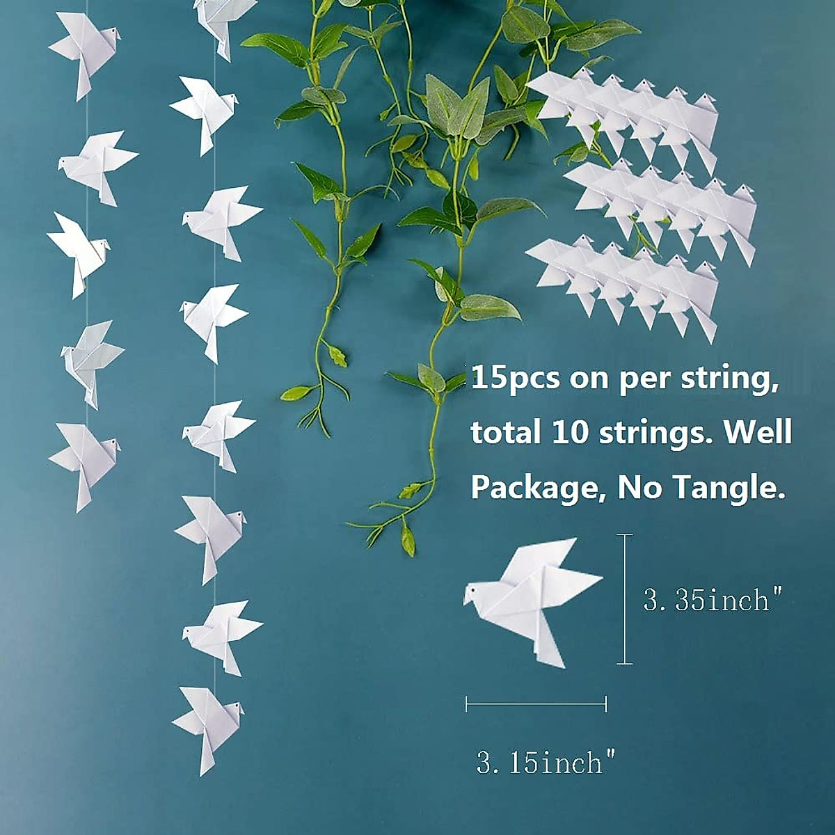 150PCS 10Strings White Origami Paper Doves Garlands for Wedding Party Decorations Bday Bridal Shower Origami Love Birds Banner for Engagement/Valentine's Day/Birthday Party Peace Dove Decor