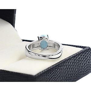 March Birthstone 9X7 MM Oval Natural Blue Larimar Cabochon Gemstone 925 Sterling Silver Solitaire Unisex Proposal Ring For Love and Friendship Gift (Rhodium Plated Silver, 7)