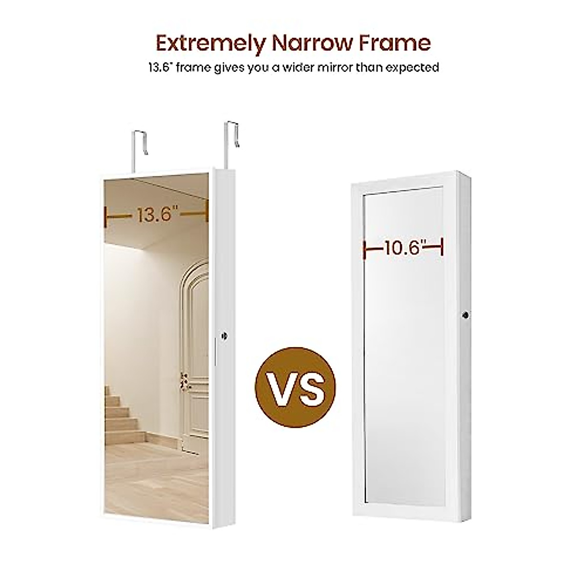 Hzuaneri 8 LEDs Mirror Jewelry Cabinet, 35.4-inch Jewelry Armoire Organizer, Wall/Door Mount Lockable Storage Cabinet with 4 Earrings Shelves, 2 Makeup Pockets, White and Black JC9003B